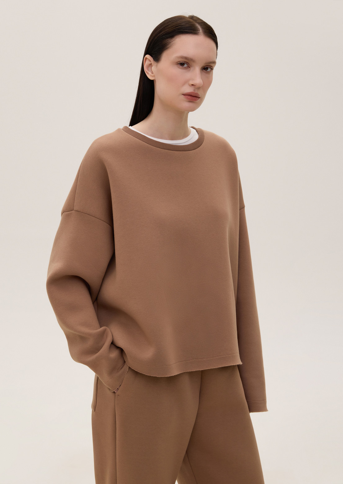 Mocha color mega oversize unisex three-thread insulated longsleeve-crop