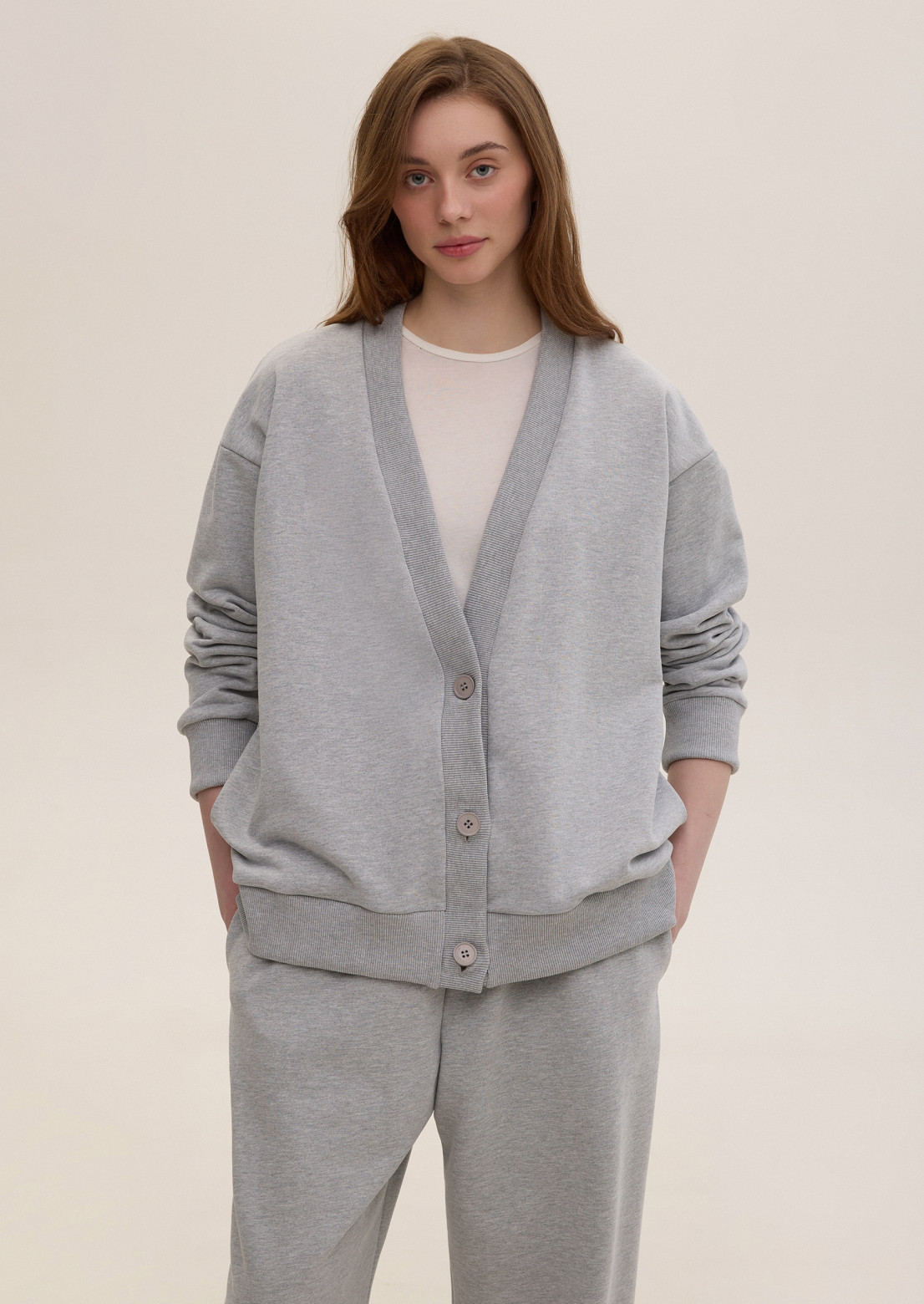 Grey melange color dense three-thread cardigan